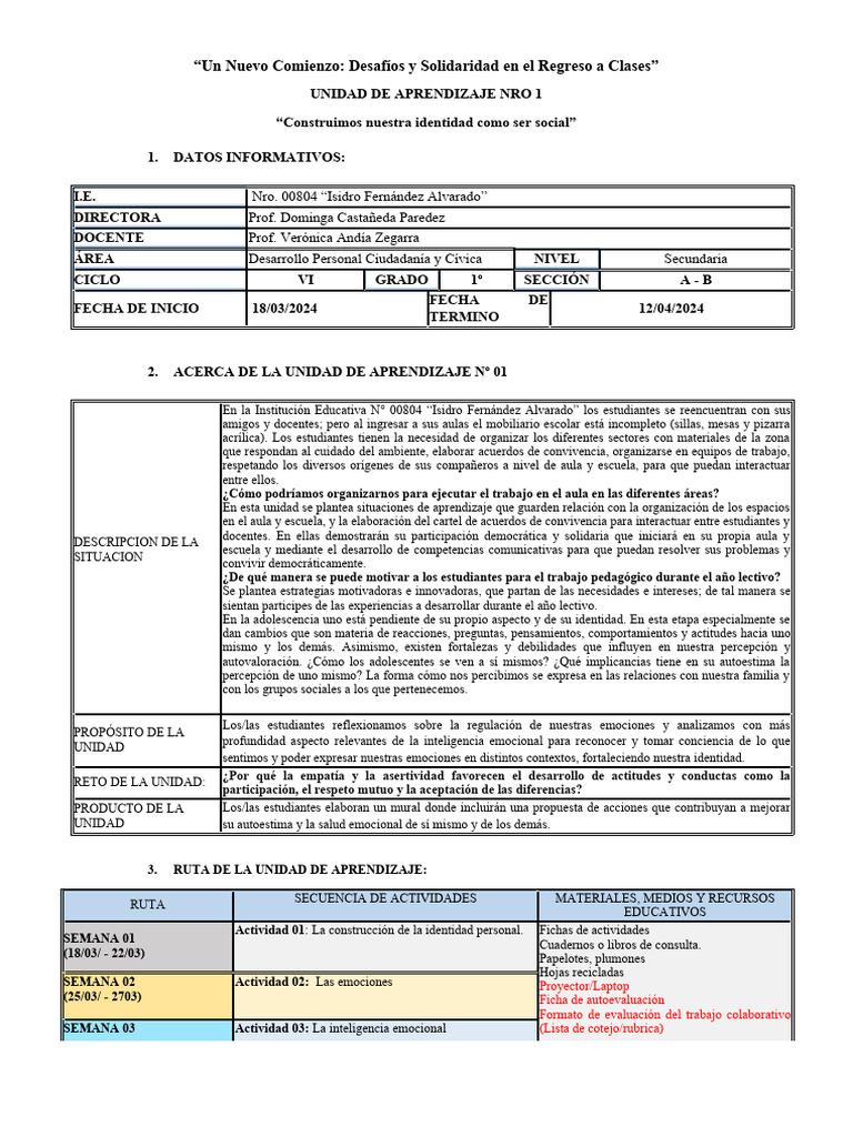 UNIDAD DE APRENDIZAJE NRO 1 DPCC - 1ro C | PDF | Aprendizaje | Las emociones