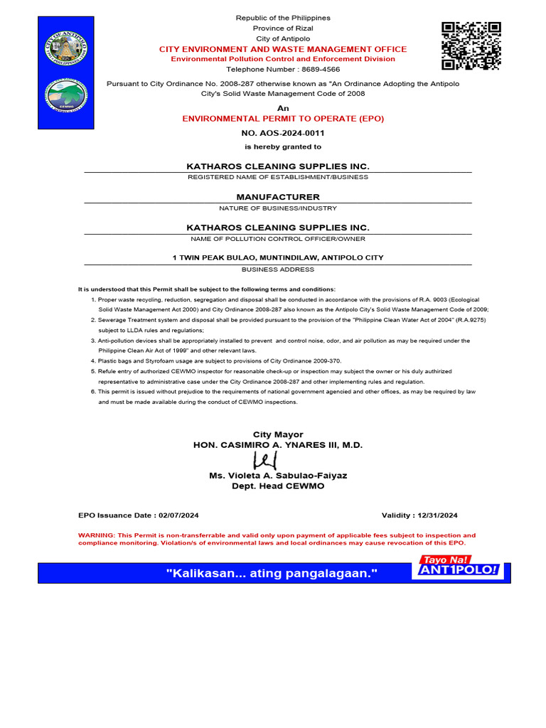 Antipolo Environmental Permit EPO 2024 | PDF | Waste Management | Waste