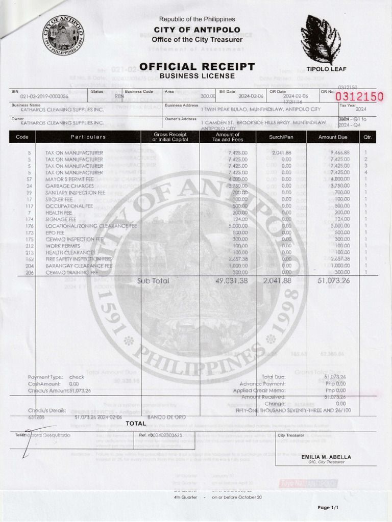 Business Permit 2024 Official Receipt | PDF | Business