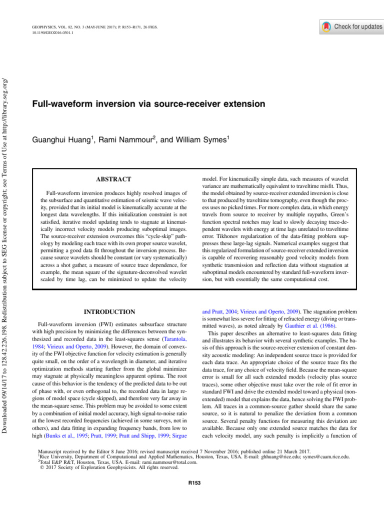 Full-Waveform Inversion Via Source-Receiver Extension: Guanghui Huang, Rami Nammour, and William ...