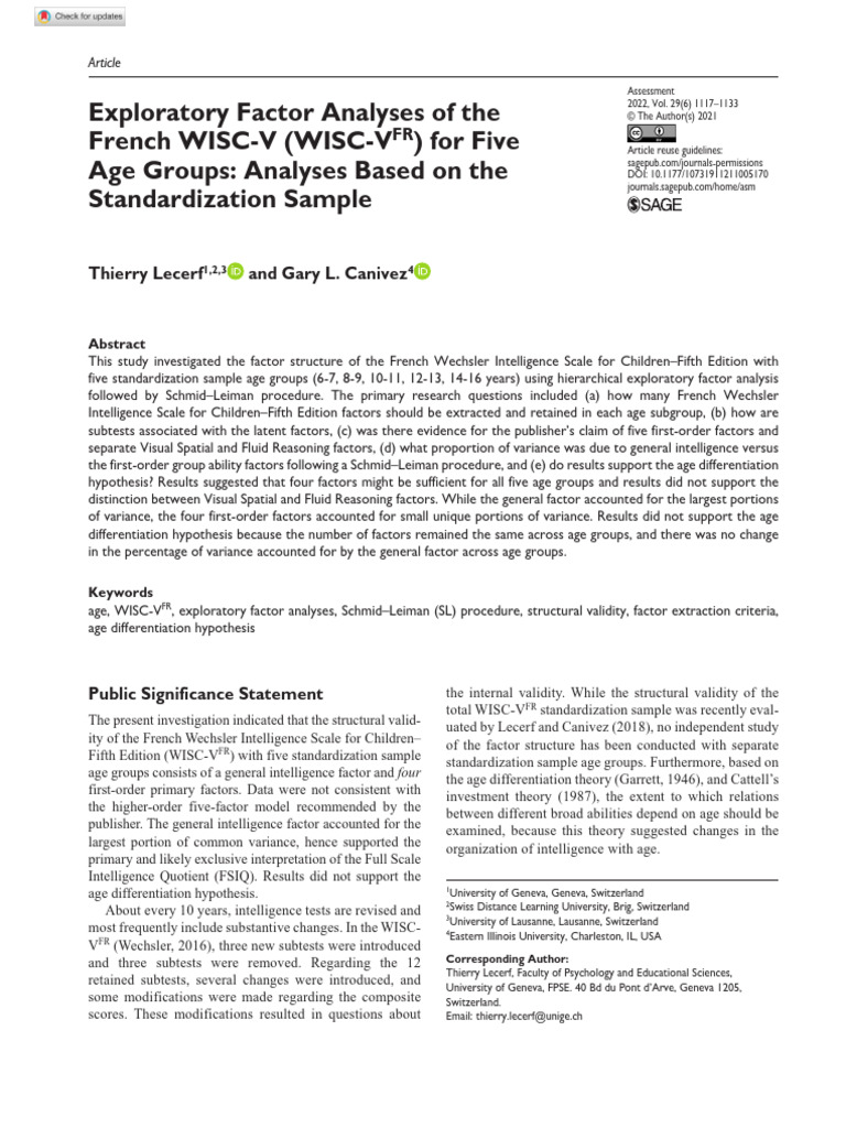 Lecerf Canivez 2021 Exploratory Factor Analyses of The French Wisc V ...