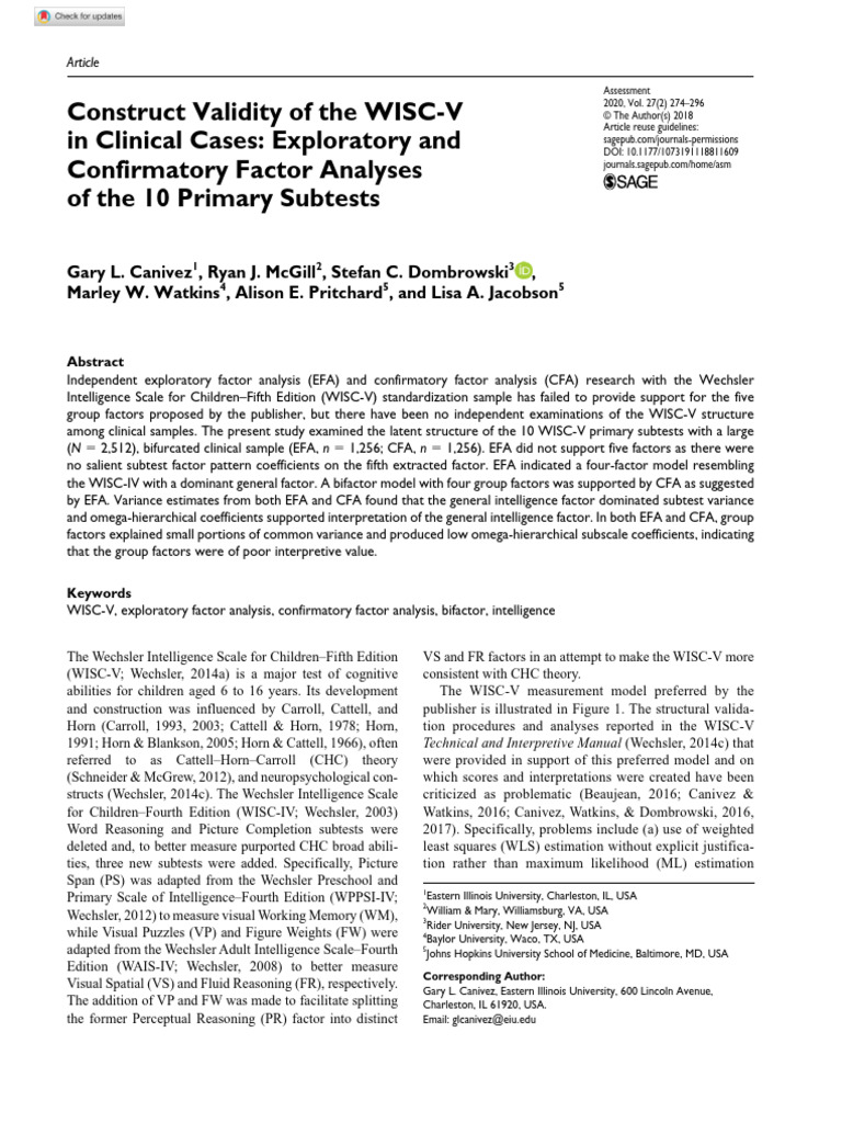 Canivez Et Al. (2020) WISC-V Clinical Sample EFA CFA | Download Free ...