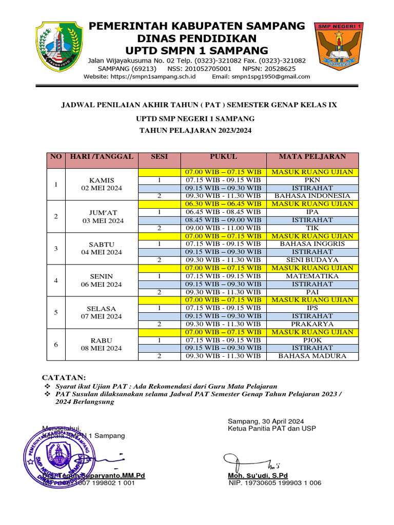 Jadwal Pat Dan Usp 2024 | PDF