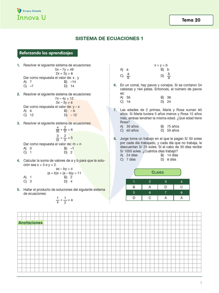 7 Reforzando Los Aprendizajes Tarea - Sistema de Ecuaciones 1 | PDF