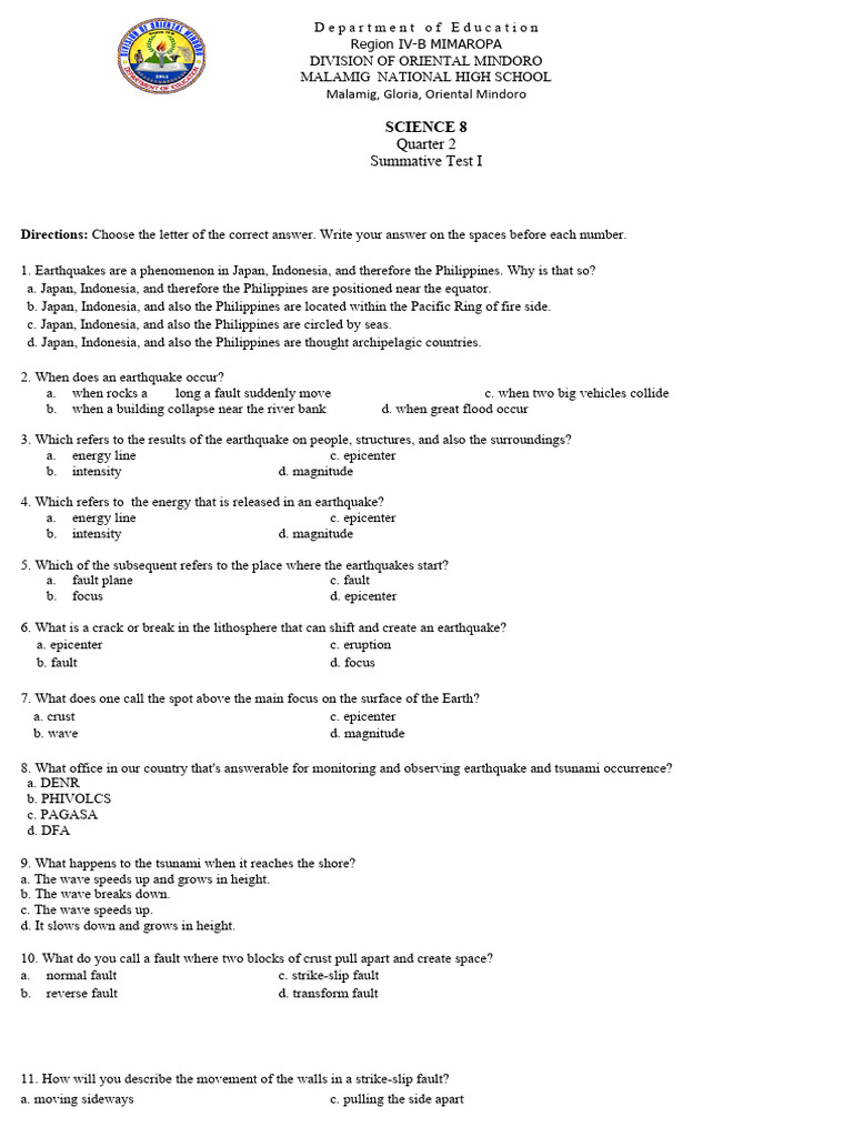 Q2 G8 Summative Test 1 Earthquake M1 and M2 | PDF | Earthquakes | Fault ...