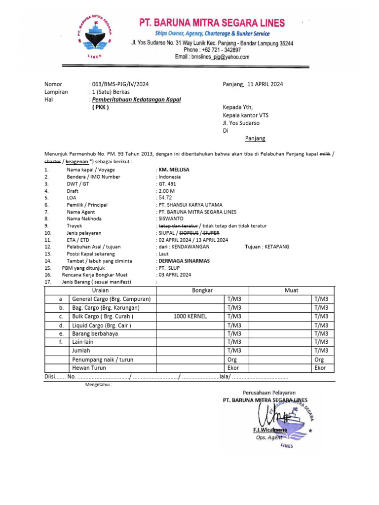 PKK VTS Km. Mellisa | PDF
