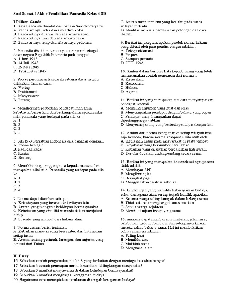 Soal PKN Kelas 4 Pancasila Dalam Diriku | PDF