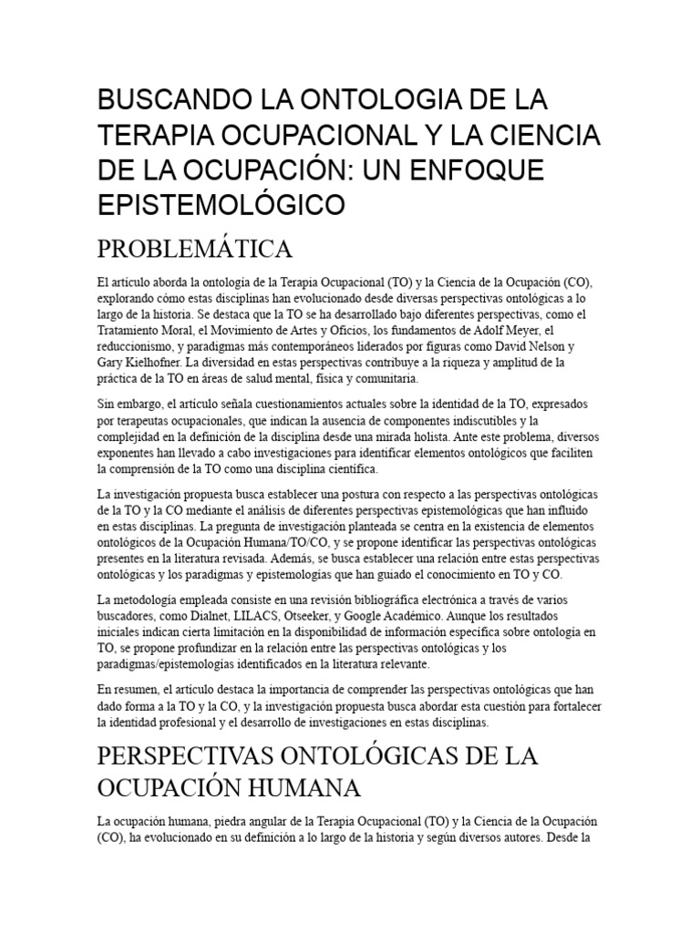BUSCANDO LA ONTOLOGIA DE LA TERAPIA OCUPACIONAL Y LA CIENCIA DE LA ...