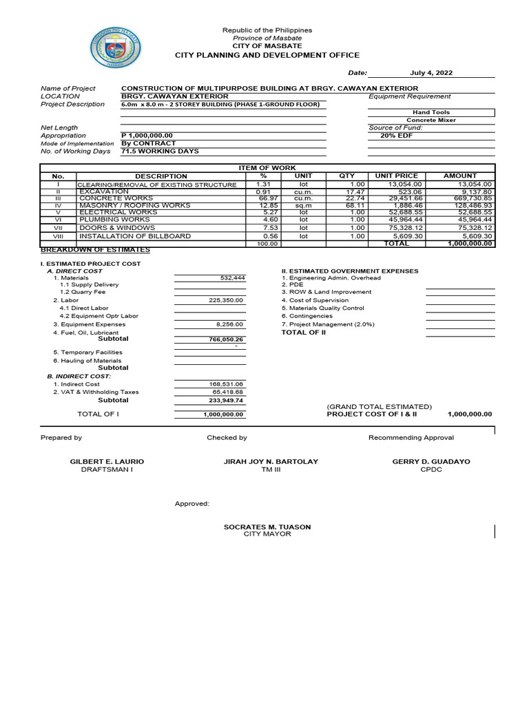 Cawayan Ext. Multipurpose Phase1 | PDF | Concrete | Materials
