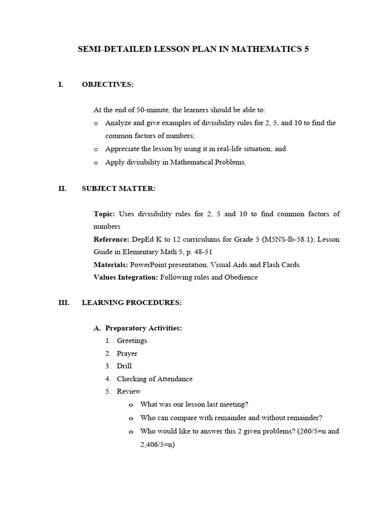 Semi Detailed Lesson Plan | PDF | Learning | Lesson Plan
