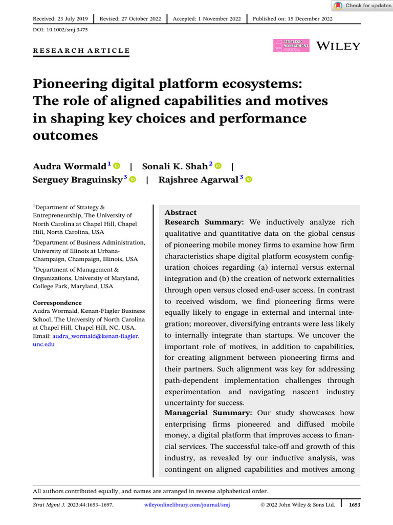 Strategic Management Journal - 2022 - Wormald - Pioneering digital platform ecosystems The role ...