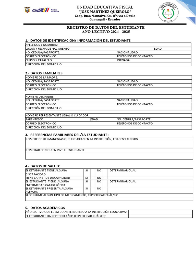 Formato Registro de Datos Del Estudiante 2024 - 2025 | PDF