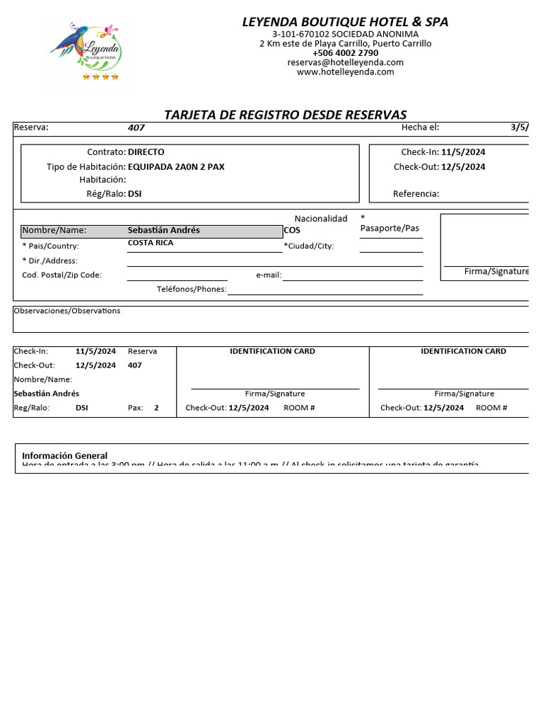 Tarjeta Registro Rese | PDF