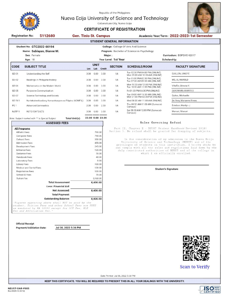 Sablayan Dianne M. (Certificate of Registration 1st Sem) | PDF
