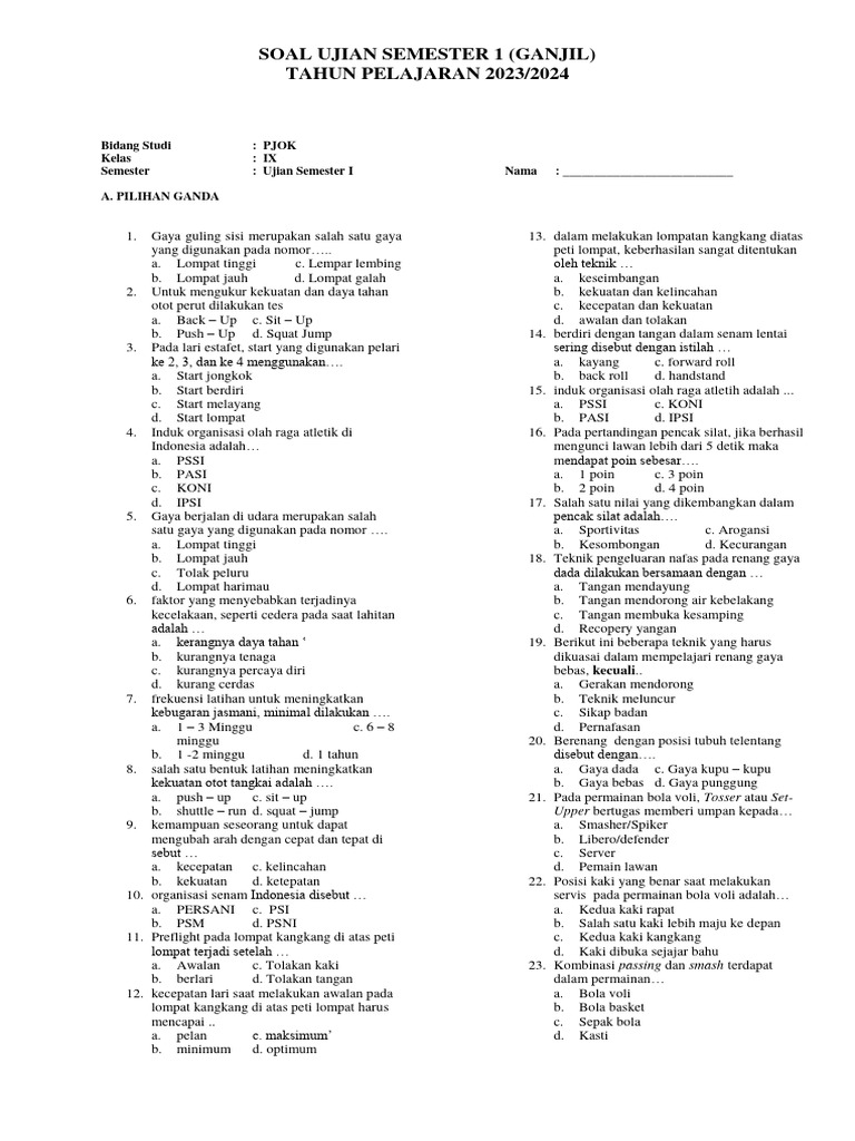 Soal PJOK Kelas IX Semester 1 | PDF