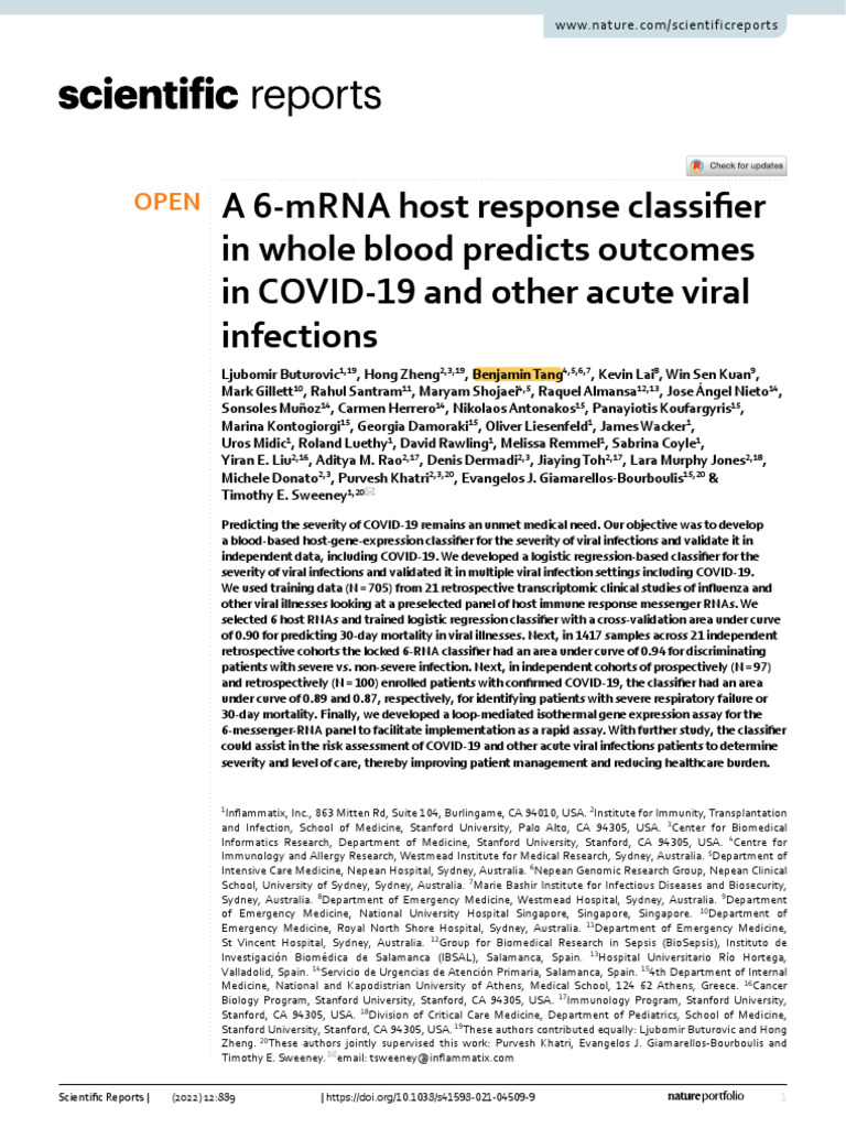 A 6‐mRNA host response classifier in whole blood predicts outcomes in COVID‐19 and other acute ...
