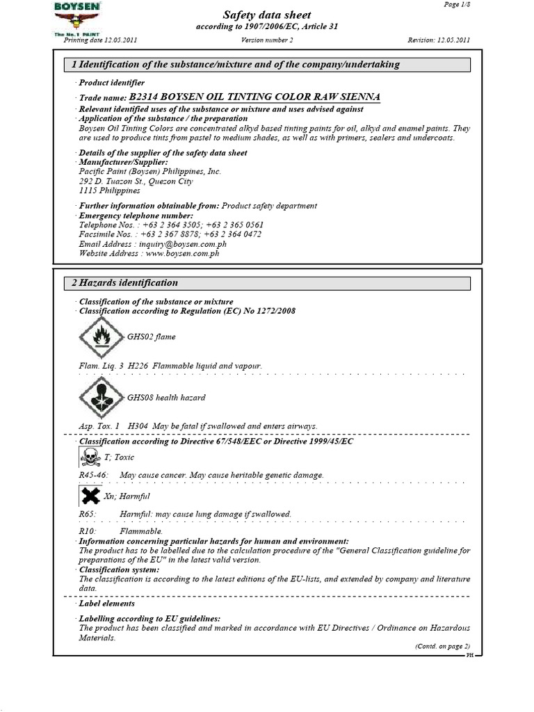 b2314 Boysen Oil Tinting Color Raw Sienna PDF | PDF | Dangerous Goods ...