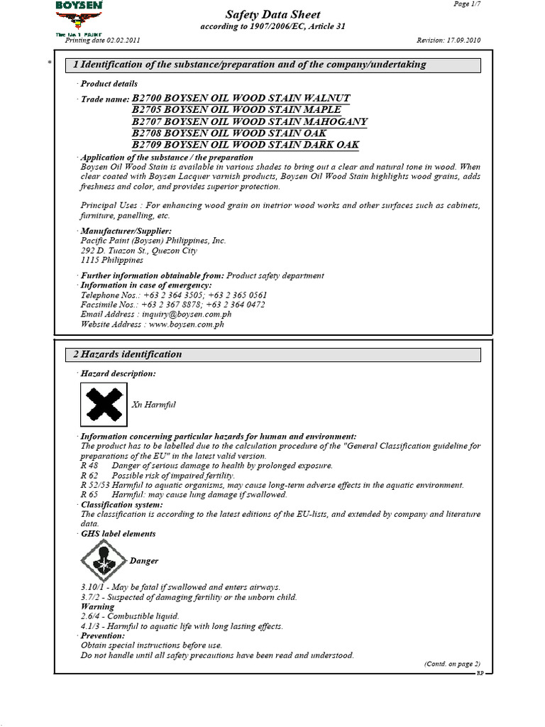 b2700 Boysen Oil Wood Stain Walnut PDF | PDF | Dangerous Goods | Toxicity