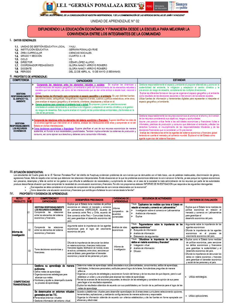 UNIDAD CCSS 4° - N° 2 | PDF | Evaluación | Aprendizaje