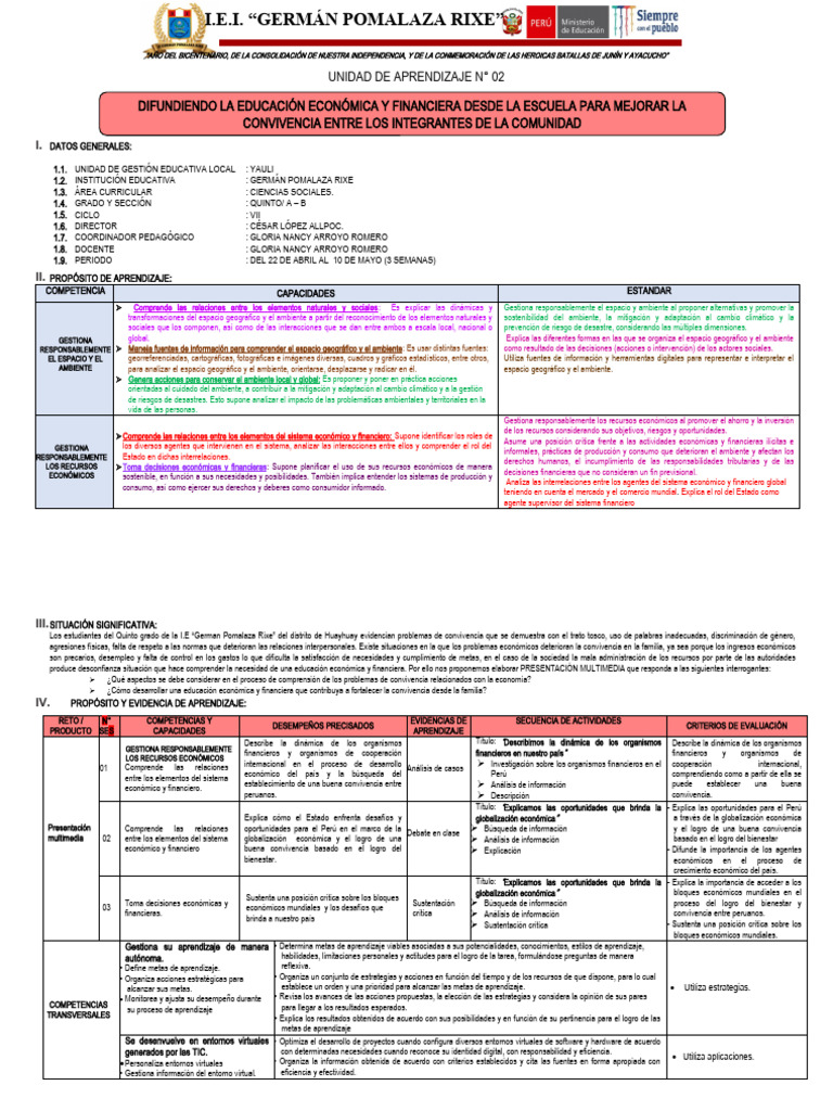 UNIDAD CCSS 5° - II | PDF | Aprendizaje | Evaluación