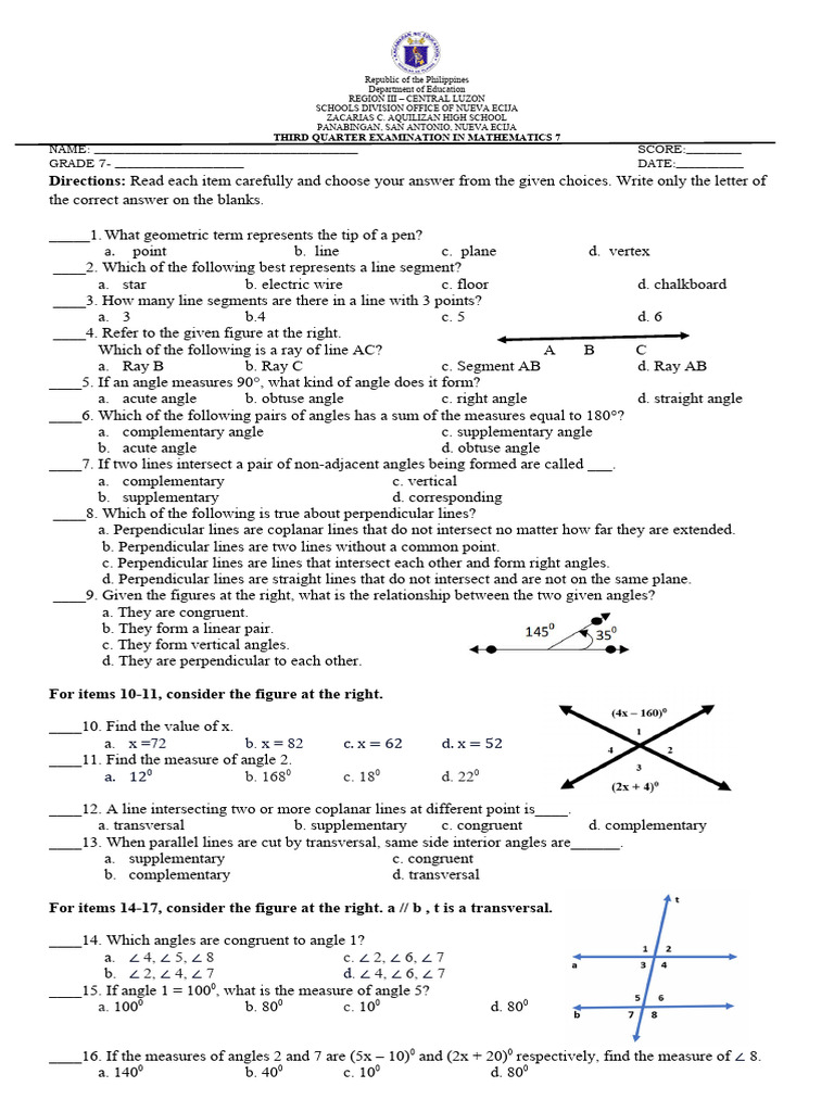 Third Quarter Exam in Math 7 | PDF | Circle | Angle