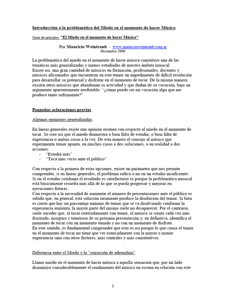 Introducción A La Problamática Del Miedo en El Momento de Hacer Música | PDF | Temor | Experiencia