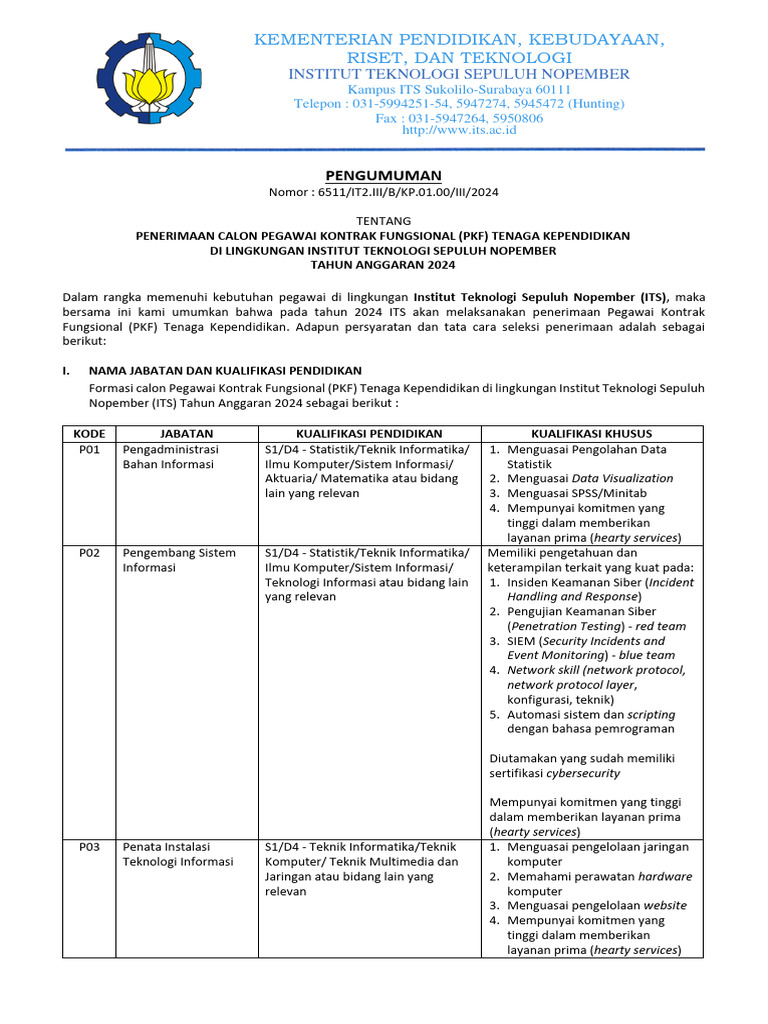 Rekrutmen PKF Tendik ITS 2024 | PDF