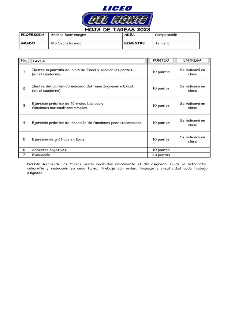 Profesor Andres Hojas de Tareas | PDF | Microsoft Excel | Informática