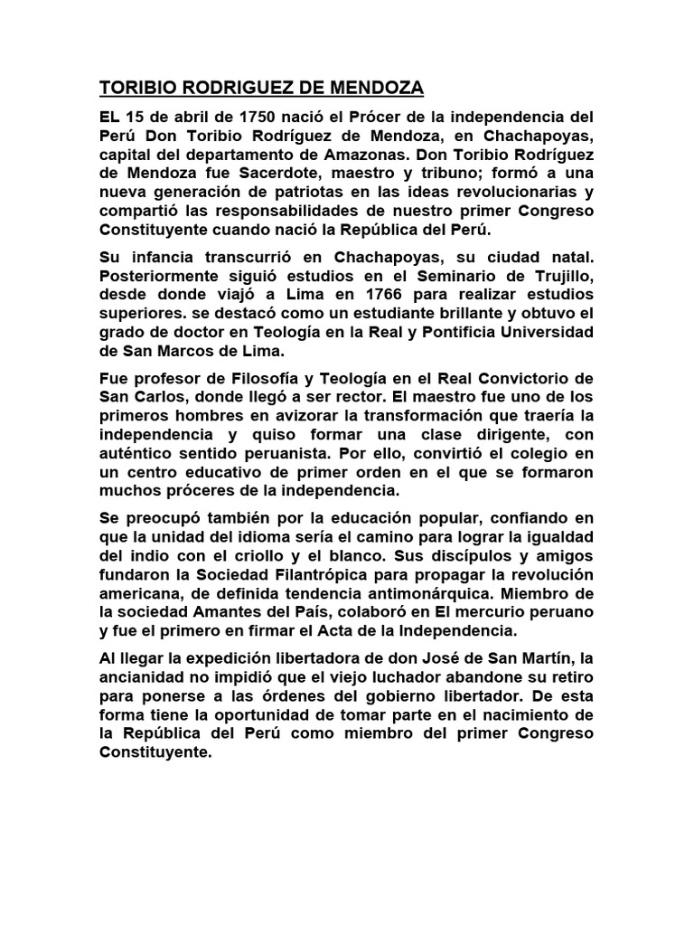 Toribio Rodríguez de Mendoza: Prócer Peruano | PDF | América del Sur