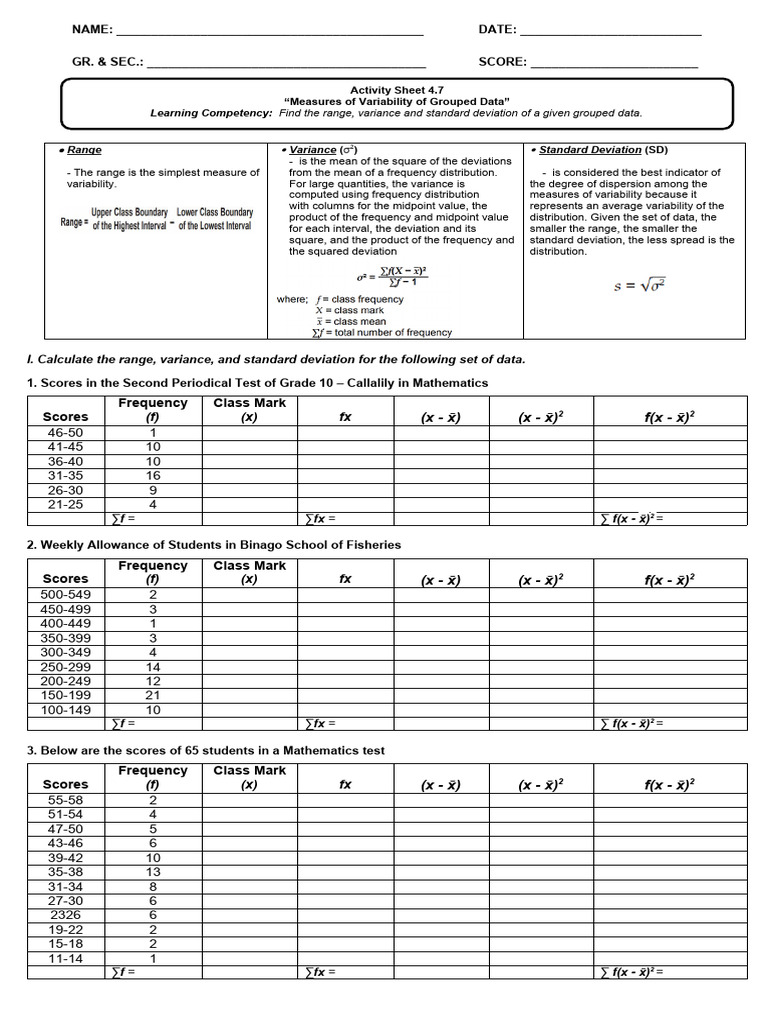 4 7 Measures Of Variability Grouped Data Pdf Standard Deviation Variance
