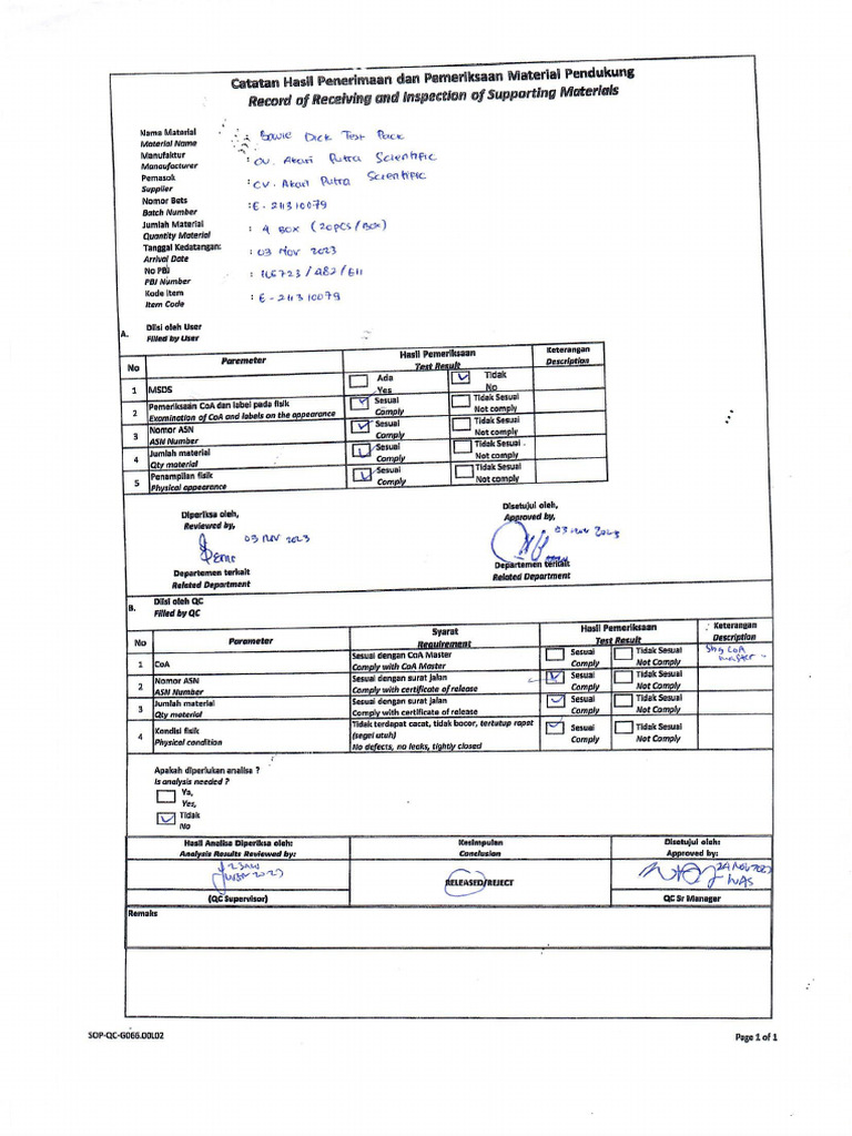 Catatan Hasil Penerimaan Dan Pemeriksaan Material Pendukung Bowie Disk ...