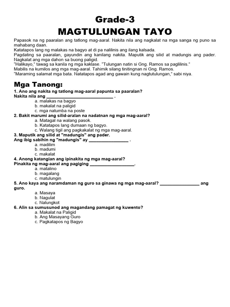PHil-Iri Filipino Passages, Gr.3,4,5-POST TEST | PDF