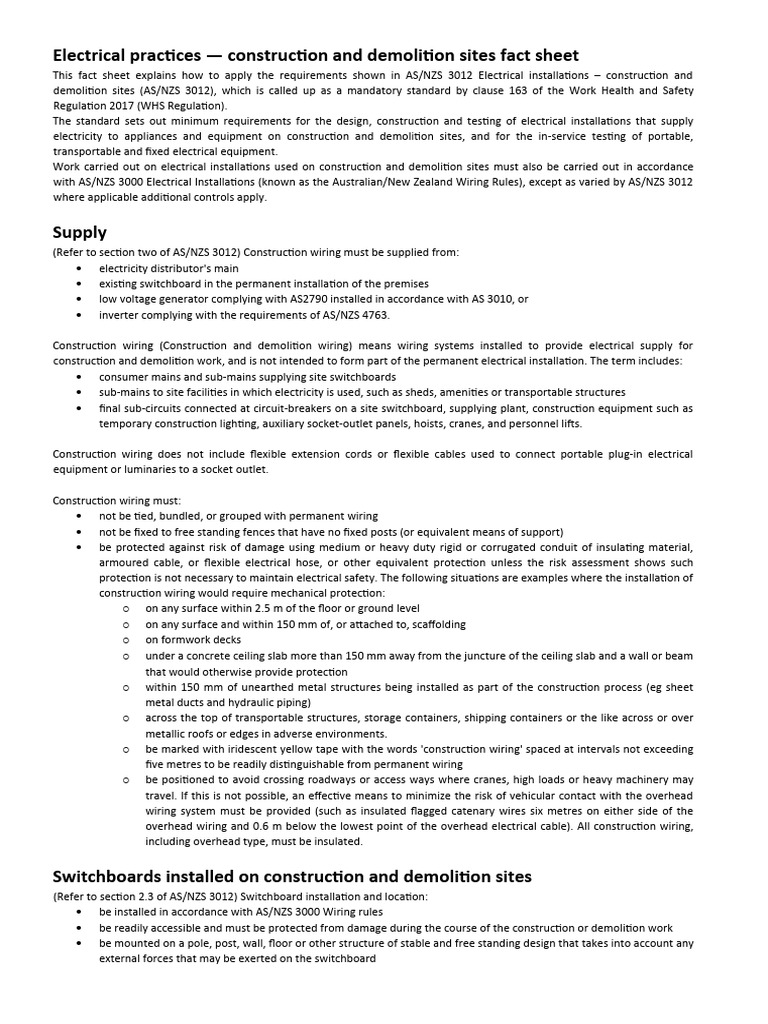 Electrical practices-Construction and Demolition Sites fact sheet | PDF ...