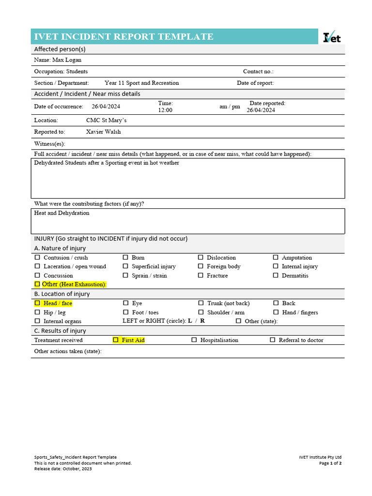 Ivet Incident Report Template: Affected Person(s) | Download Free PDF ...