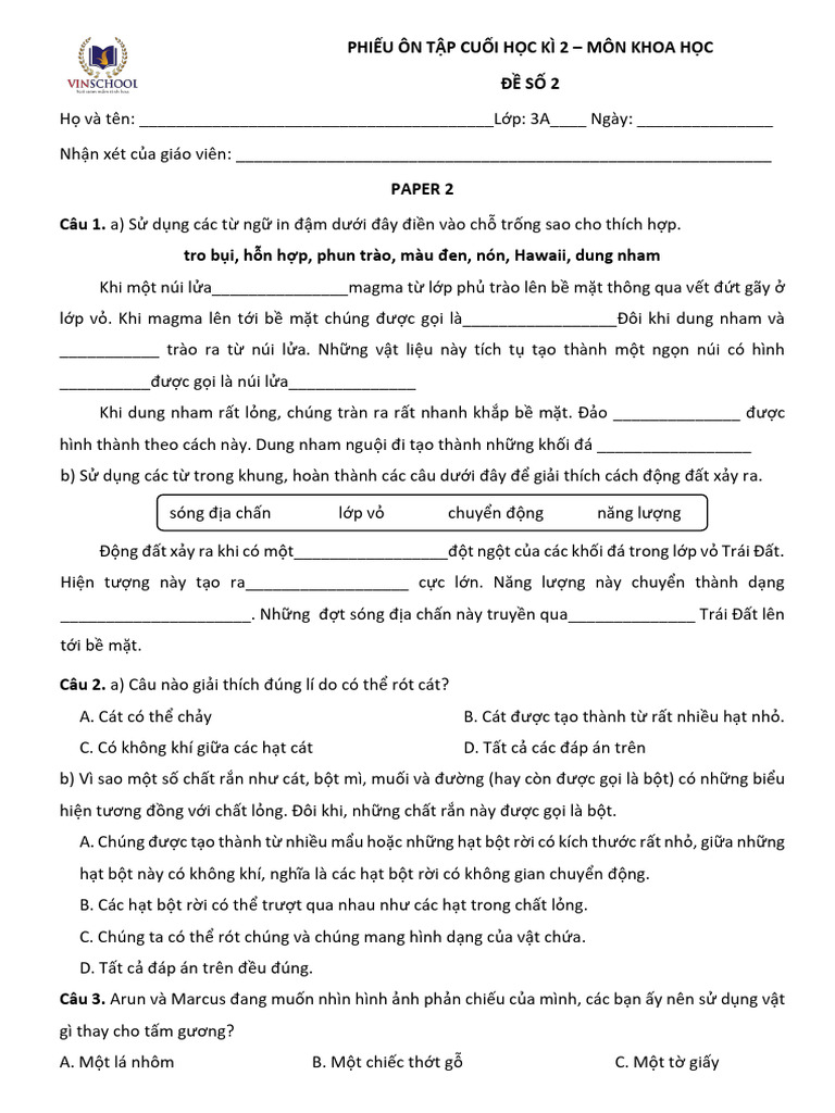 K3 - Khoa học - Đề ôn tập CHK2 - Số 2 - paper 2 | PDF