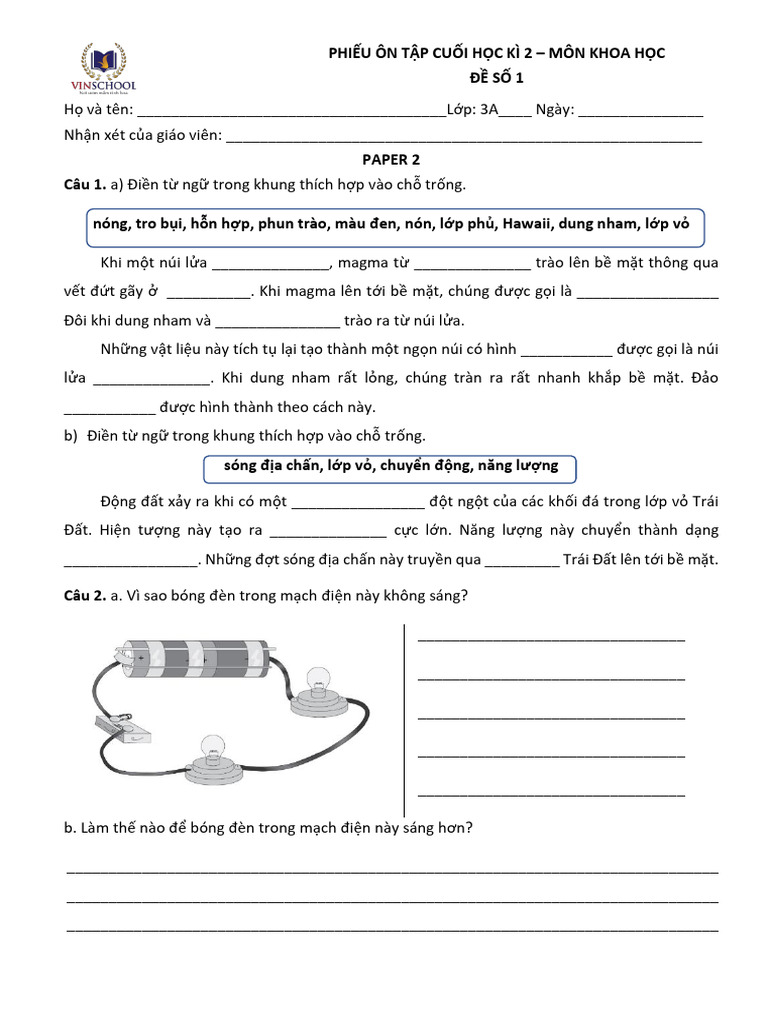K3 - Khoa học - Đề ôn tập CHK2 - Số 1 - paper 2 | PDF