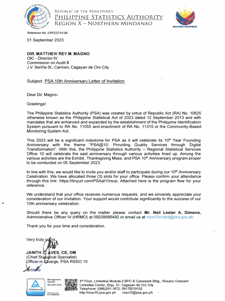 PSA 10th Anniversary Invitation | PDF | Statistics | Philippines