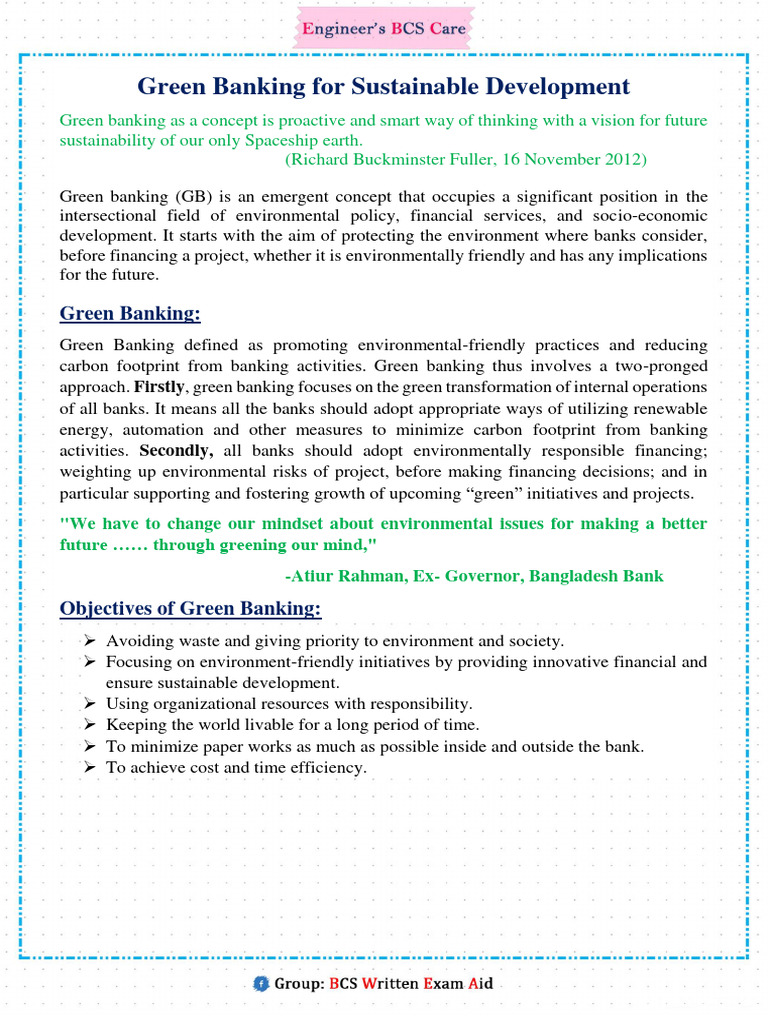 Green Banking For Sustainable Development by Engineer's BCS Care | PDF ...