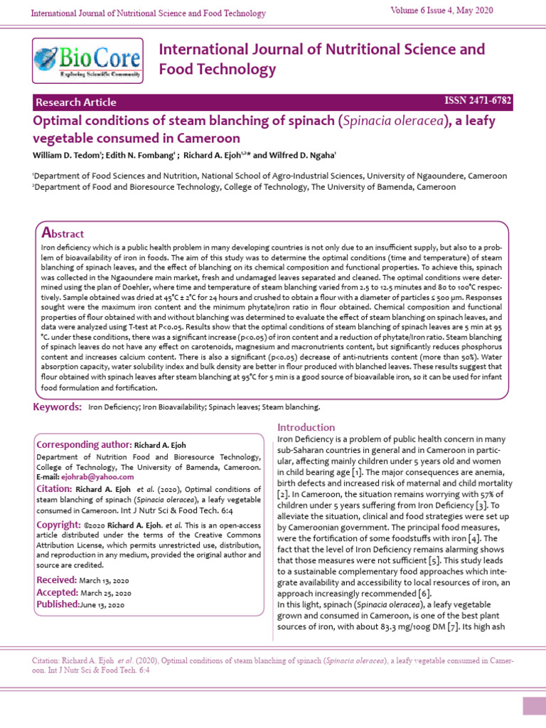 Optimal Conditions of Steam Blanching of Spinach Spinacia Oleracea A ...