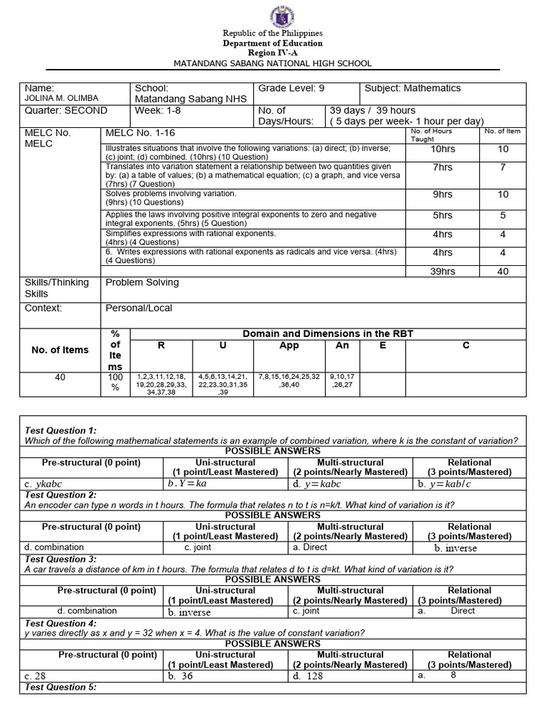 MDAT - Math 9 Q2 | PDF | Exponentiation | Area