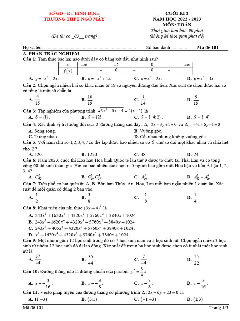 De Cuoi Ki 2 Toan 10 Nam 2022 2023 Truong THPT Ngo May Binh Dinh | PDF