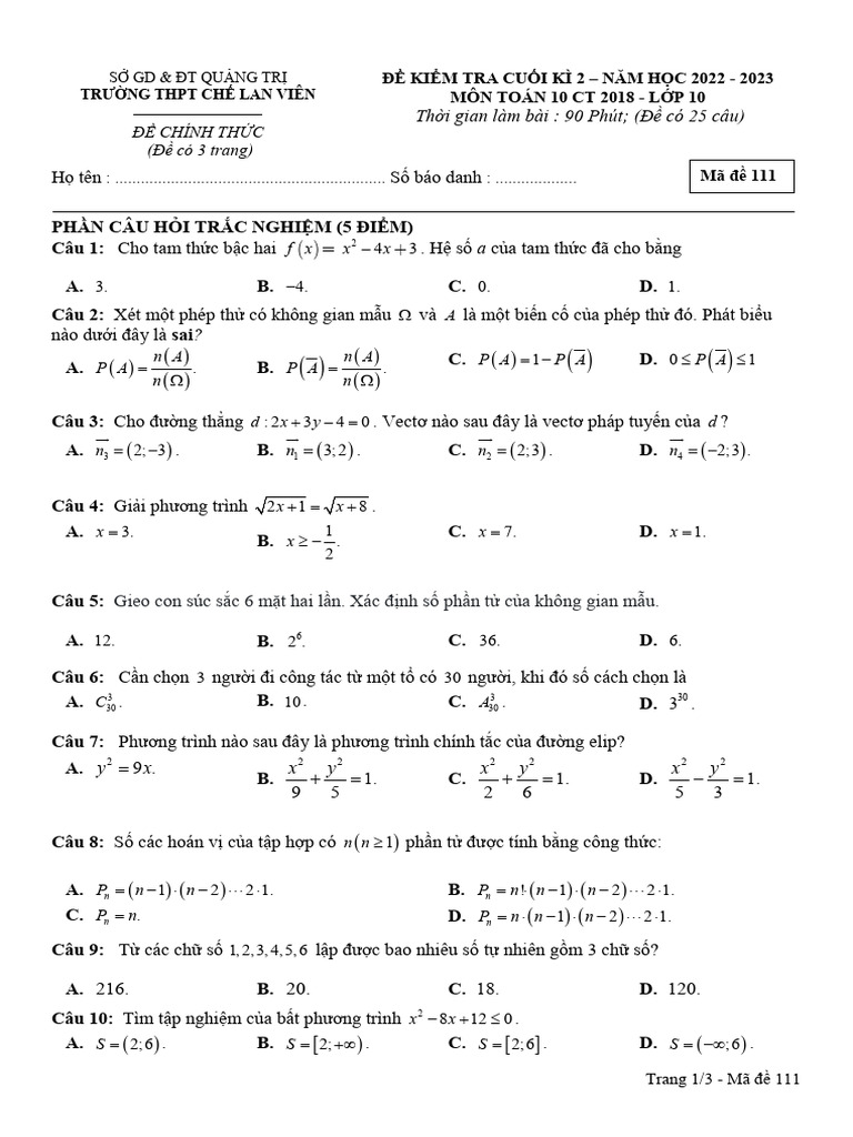 De Cuoi Ki 2 Toan 10 Nam 2022 2023 Truong THPT Che Lan Vien Quang Tri | PDF