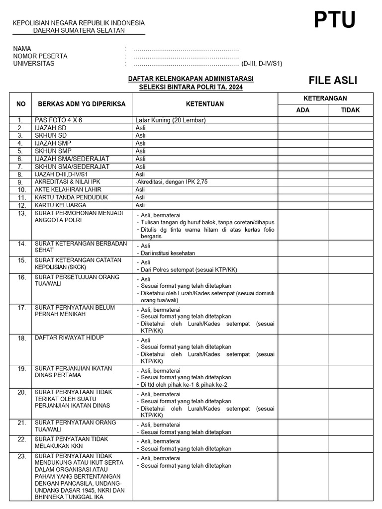 Ceklis Persyaratan Ba Ptu 2024 | PDF
