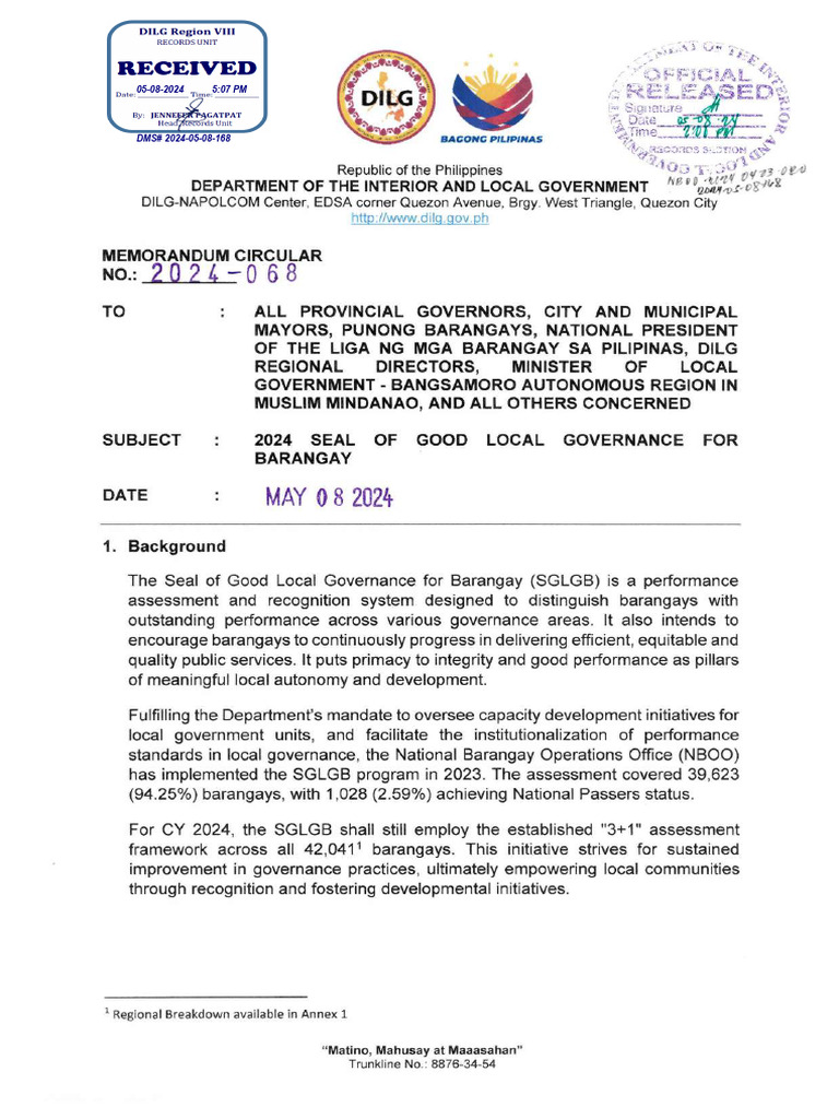 DILG-MC-2024-068 SGLGB Guidelines | PDF