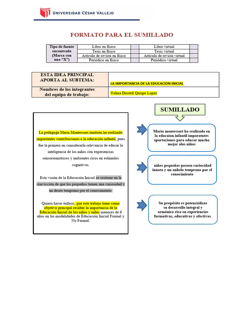 Formato Del Sumillado | Descargar gratis PDF | Educación de la primera infancia | Ciencia cognitiva