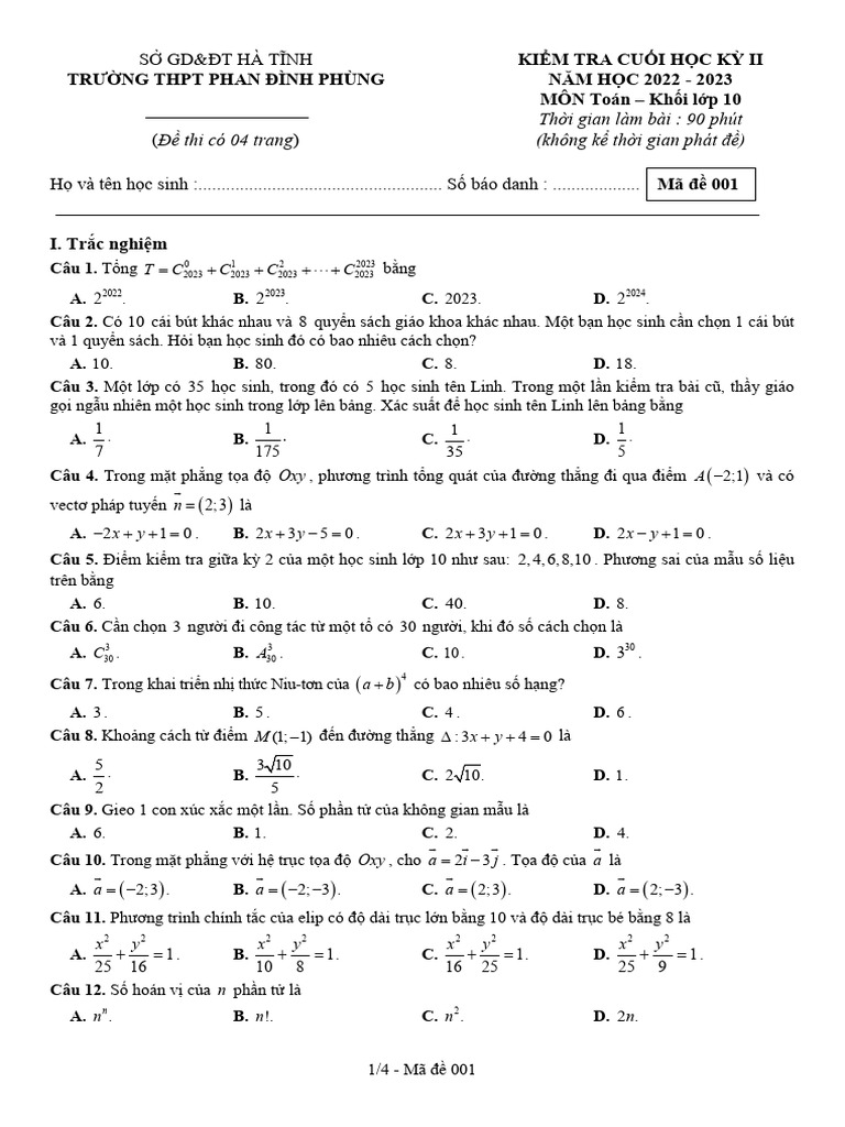 De Cuoi Hoc Ky 2 Toan 10 Nam 2022 2023 Truong THPT Phan Dinh Phung Ha Tinh | PDF