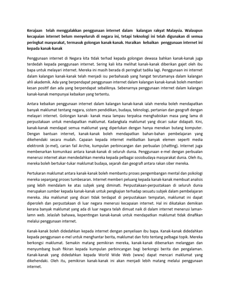 Karangan Penggunaan Internet Kalangan Kanak-Kanak | PDF