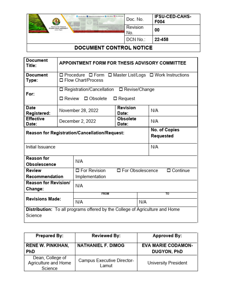 DCN No. 22-458, IFSU-CED-CAHS-F004 Appointment Form For Thesis Advisory ...