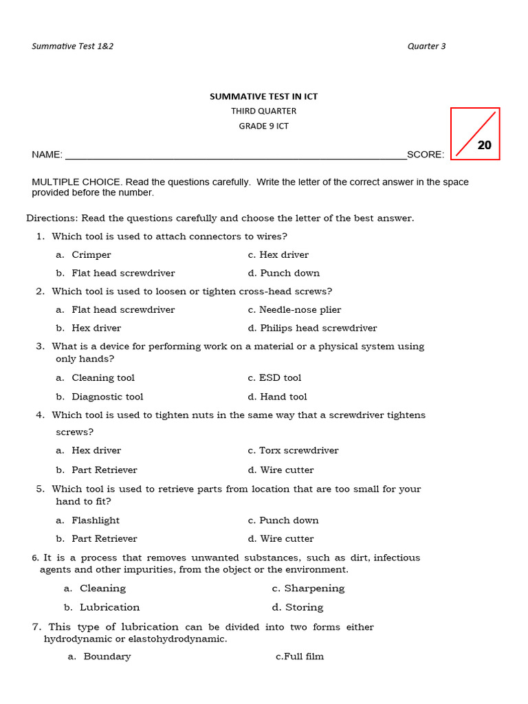 SUMMATIVE TEST 1 _ 2 GR 9 | PDF | Tools | Screw