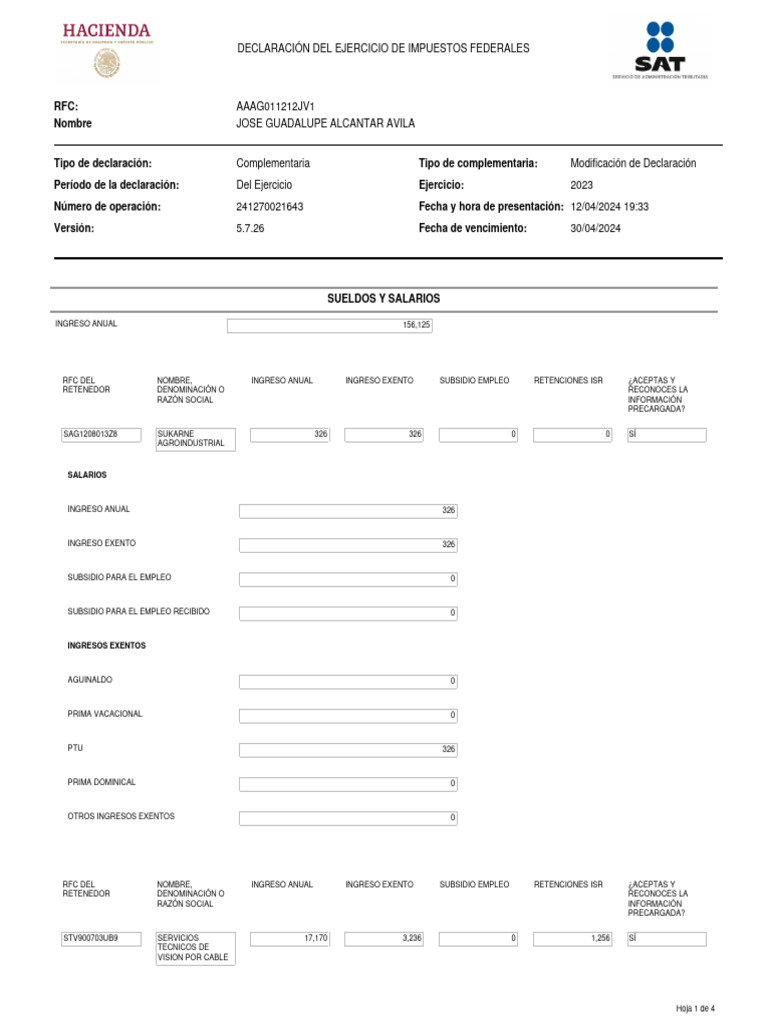 RFC: Nombre: Declaración Del Ejercicio de Impuestos Federales | PDF ...